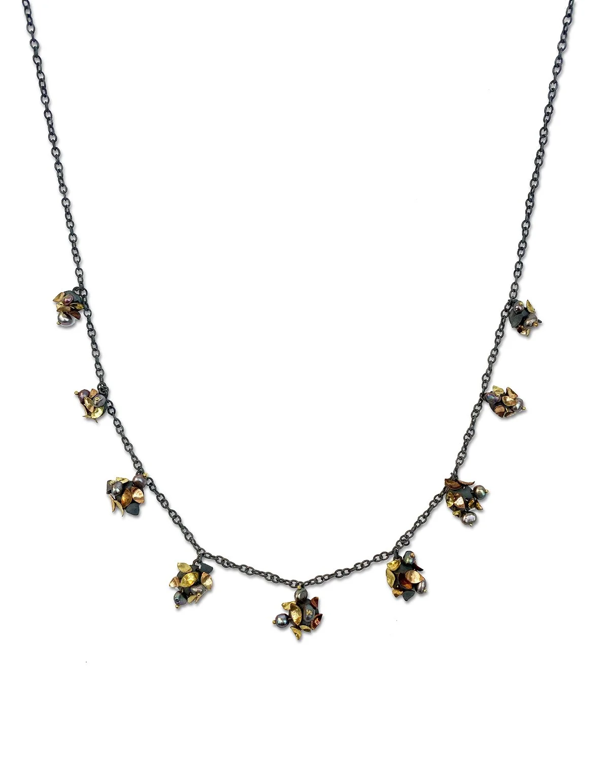 Gold and silver necklace with moving leaves in oxidised silver and gold with seed pearls Susi Hines